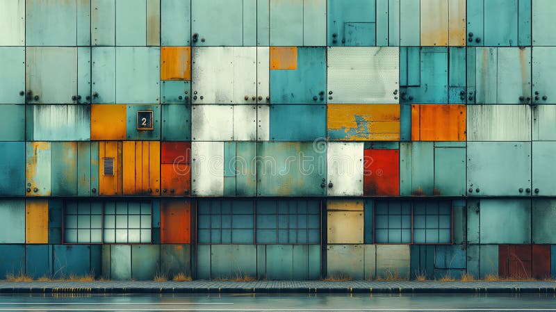 Colorful Industrial Facade Featuring Geometric Patterns and a Weathered ...