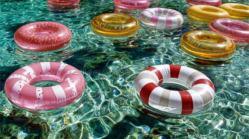 Colorful Inflatable Circles Floating on the Surface of the Pool. Summer ...