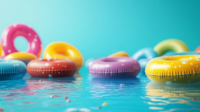 Colorful Inflatable Donut Pool Rings on Aqua Water Stock Illustration ...