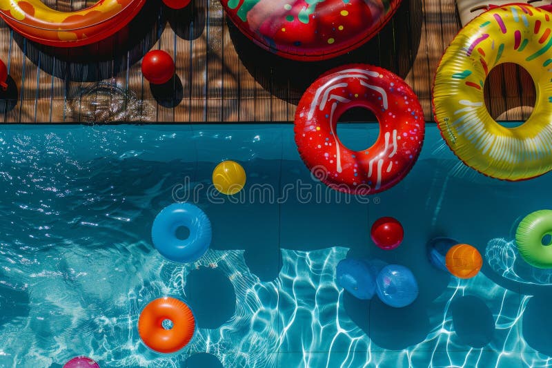 Colorful Inflatable Donuts Floating on Water in a Pool, Colorful ...