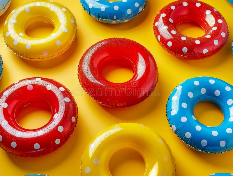 Colorful Inflatable Pool Rings on Yellow Background Red, Blue, and ...