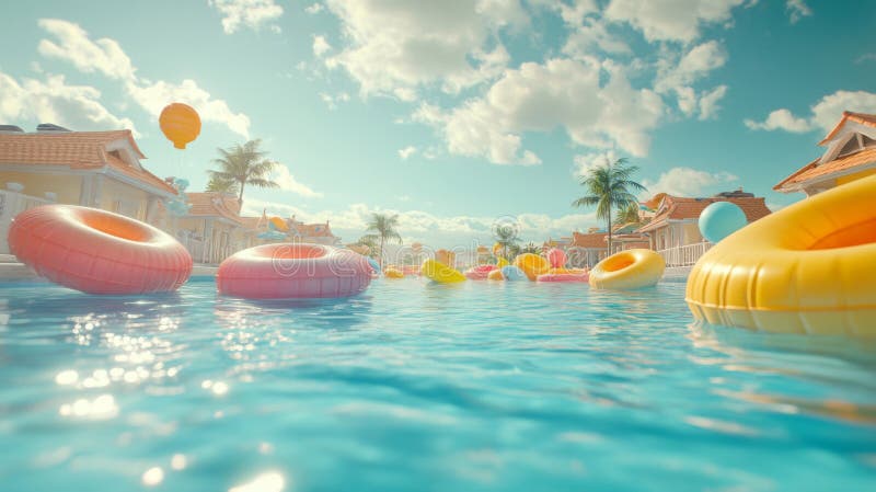 Colorful Inflatable Rings Float in a Sunny Pool Stock Illustration ...
