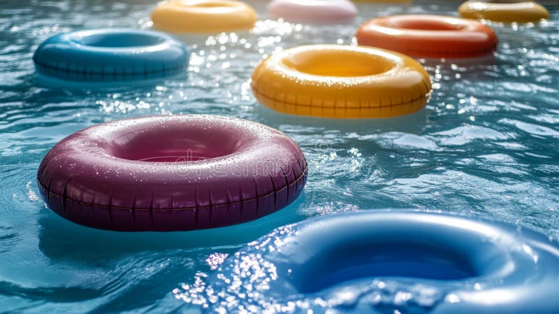Colorful Inflatable Rings Floating in a Swimming Pool Stock ...