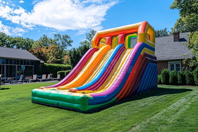 Colorful Inflatable Slide on the Backyard of House Stock Illustration ...