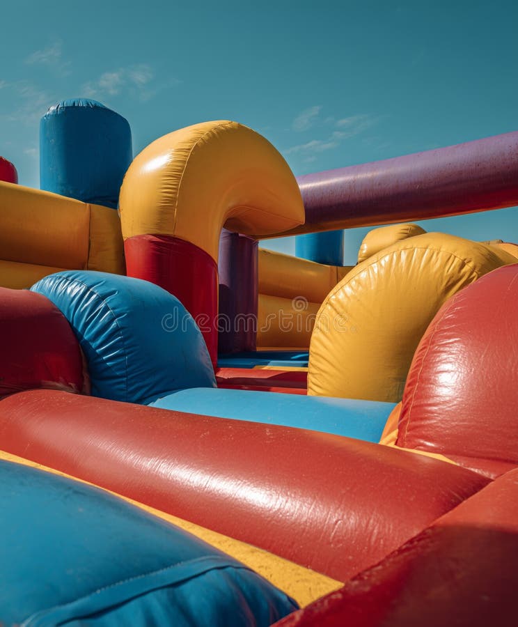 A Colorful Inflatable Slide, Playground with Bright Orange, Blue, and ...