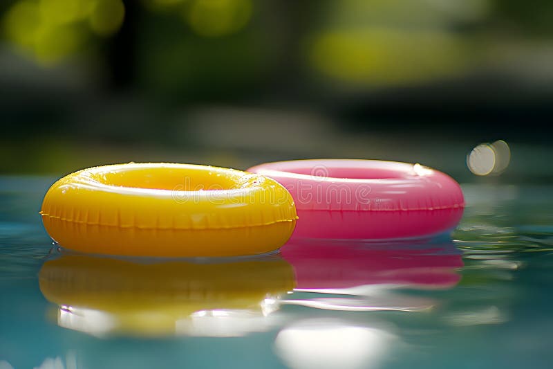 Colorful Inflatable Swim Rings Floating in a Clear Blue Pool Stock ...
