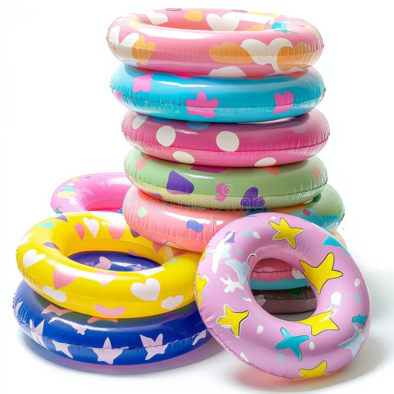 Colorful Inflatable Swim Rings Stacked with Patterns and Designs Stock ...