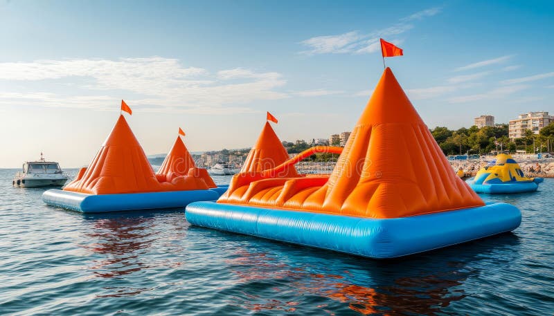 Colorful Inflatable Water Play Structures in the Shape of Mountains Float on a Calm Sea ...