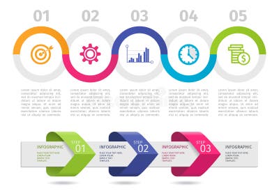 Colorful Infographic Process Chart and Arrows with Step Up Options ...