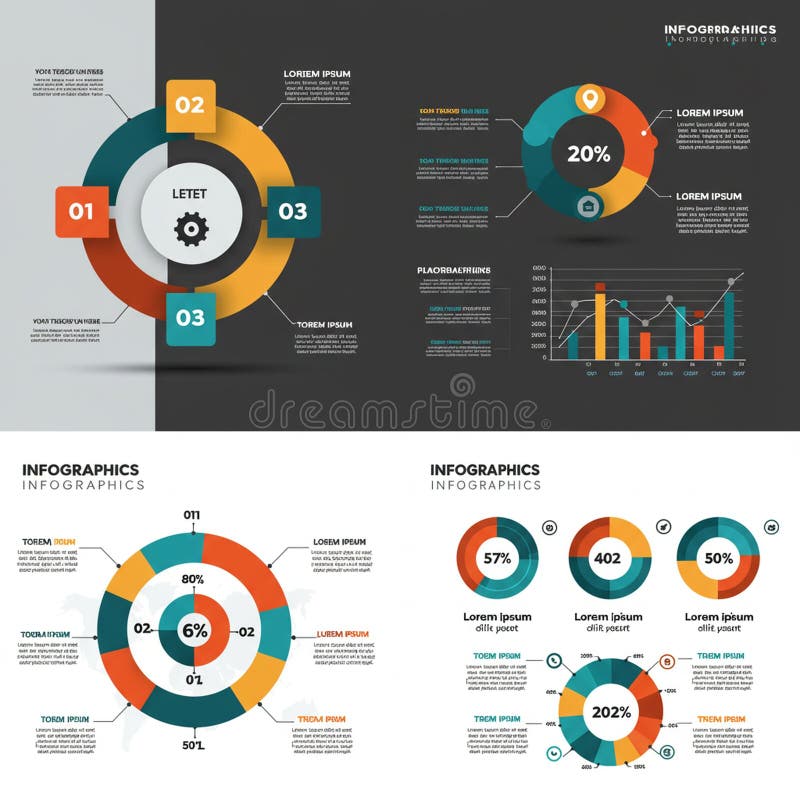 Colorful Infographic Set Featuring Circular and Bar Graph Designs ...