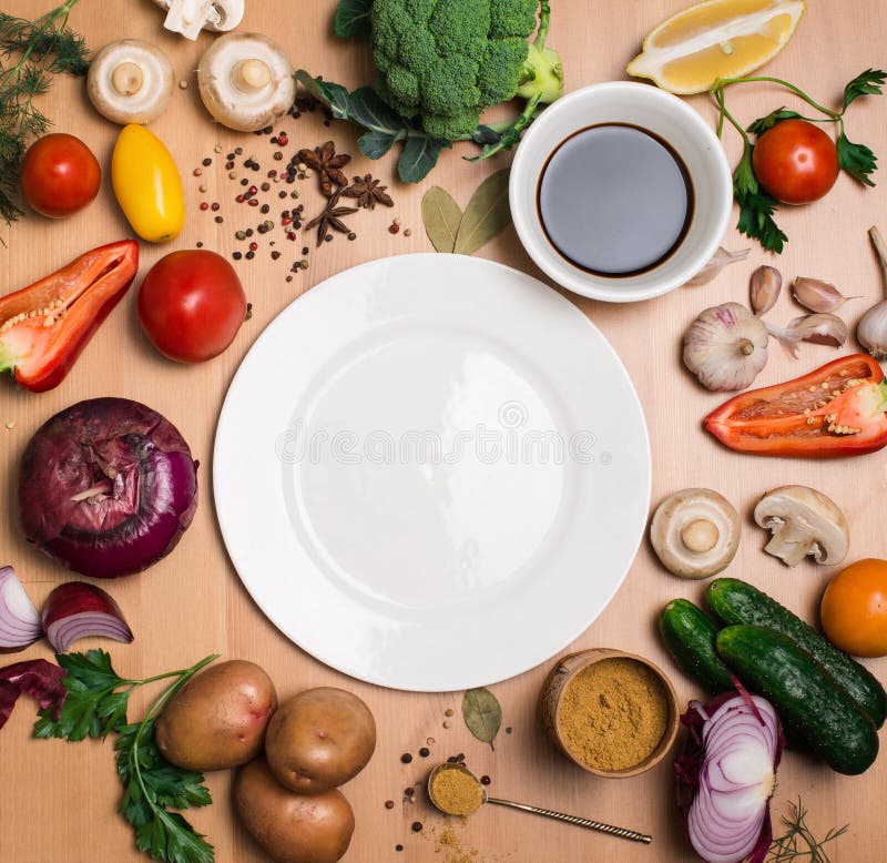 Colorful Ingredients for Cooking on Rustic Wooden Table Around E Stock ...
