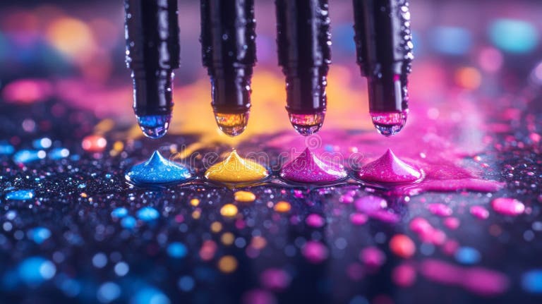 Colorful Ink Drops Falling Onto a Sparkling Surface Stock Illustration ...