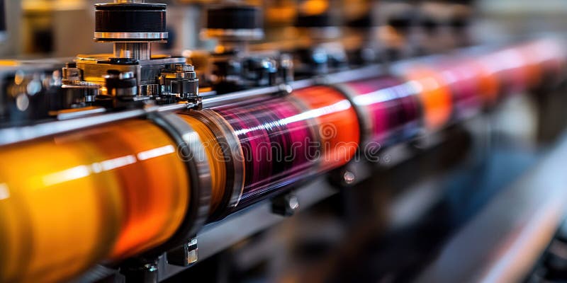 Colorful Ink Rollers Moving in a Printing Press during a Manufacturing ...
