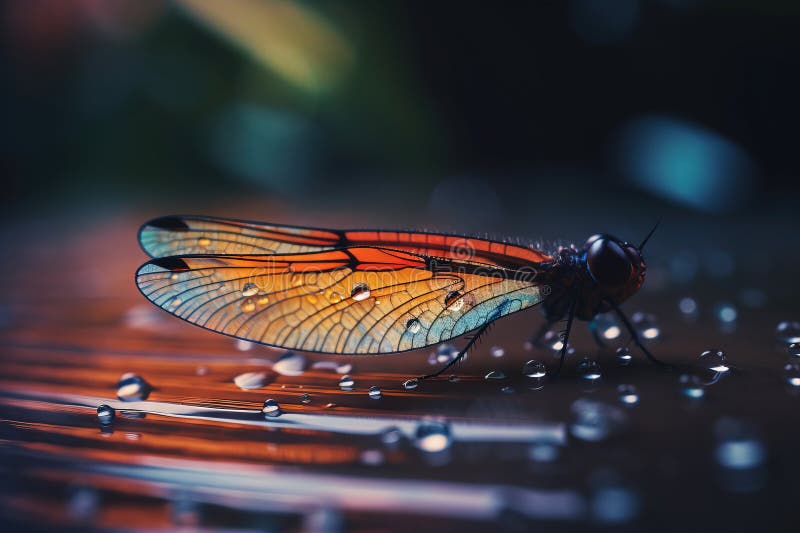 A Colorful Insect Sitting on Top of a Table Covered in Water Stock ...
