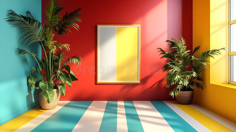 Colorful Interior with Bold Walls, Framed Art, and Greenery Stock ...