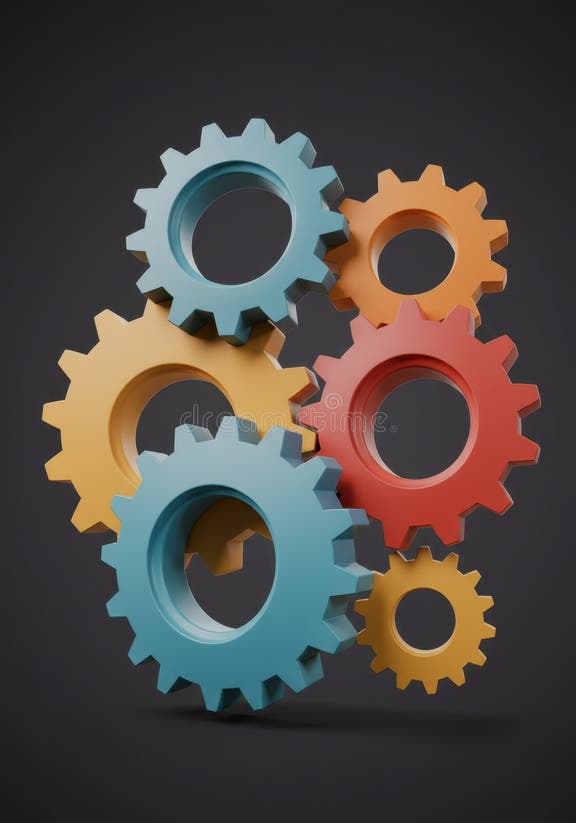 Colorful Interlocking Gears on Dark Background Stock Illustration ...