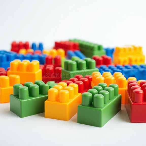 Colorful Interlocking Plastic Building Blocks are Scattered on a White ...