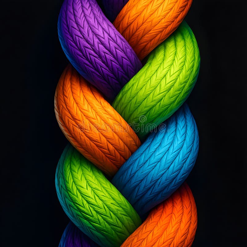 Colorful Intertwined Ropes Creating a Braid on Black Background Stock ...