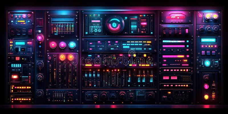 Colorful and Intricate Music Production Console with Glowing Lights in ...