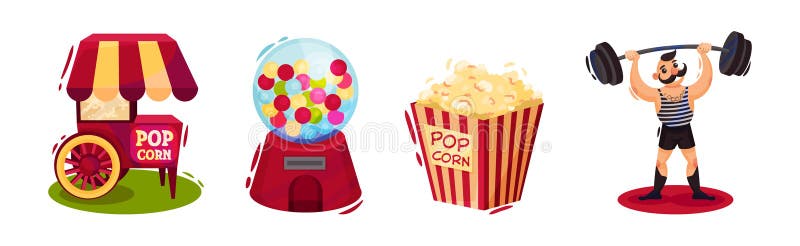 Colorful Ircus Objects with Strongman, Popcorn Stall and Crystal Ball ...