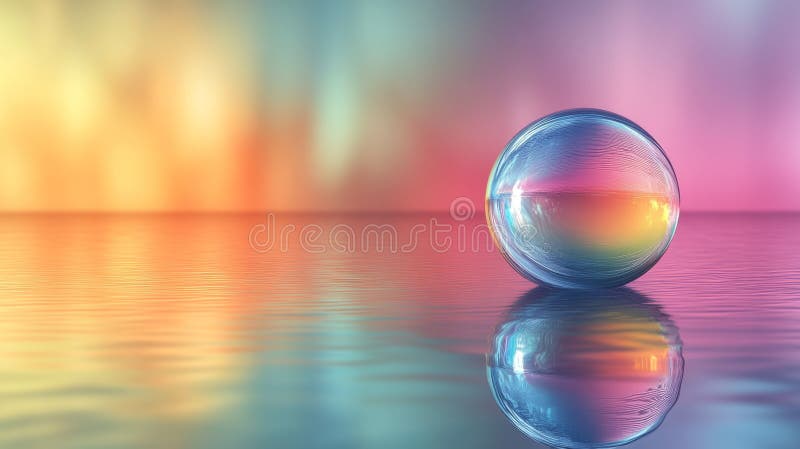 Colorful Iridescent Bubble Reflects Vibrant Hues on a Calm, Reflective ...