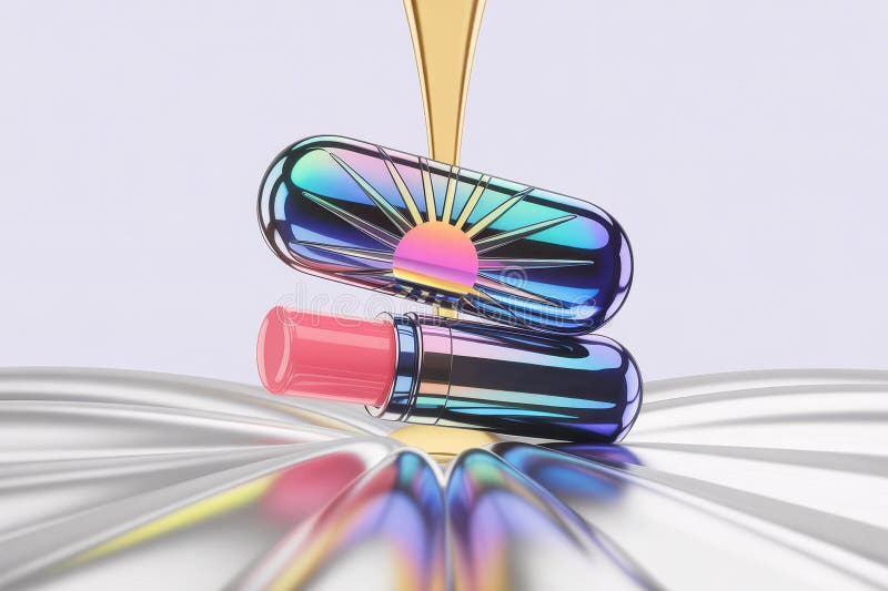 Colorful Iridescent Capsule with Liquid Gold on Reflective Surface ...