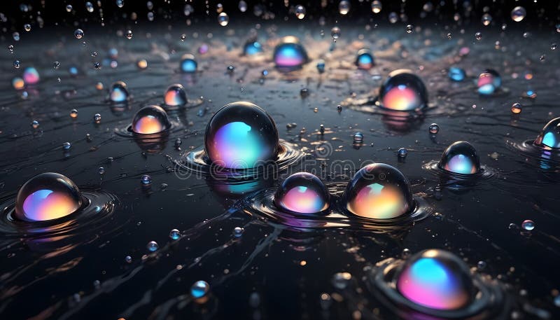 Colorful, Iridescent Water Droplets Form Spheres of Various Sizes on a ...