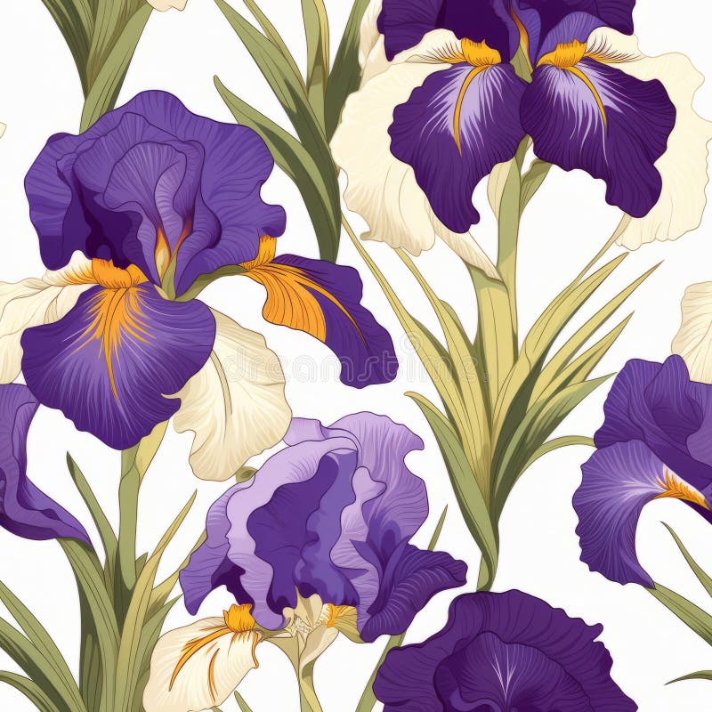 Colorful Iris Flower Seamless Pattern on White Background Stock ...