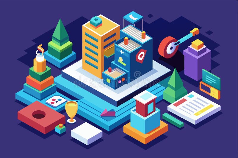 A Colorful Isometric Arrangement Features Buildings, Trees, and Various ...