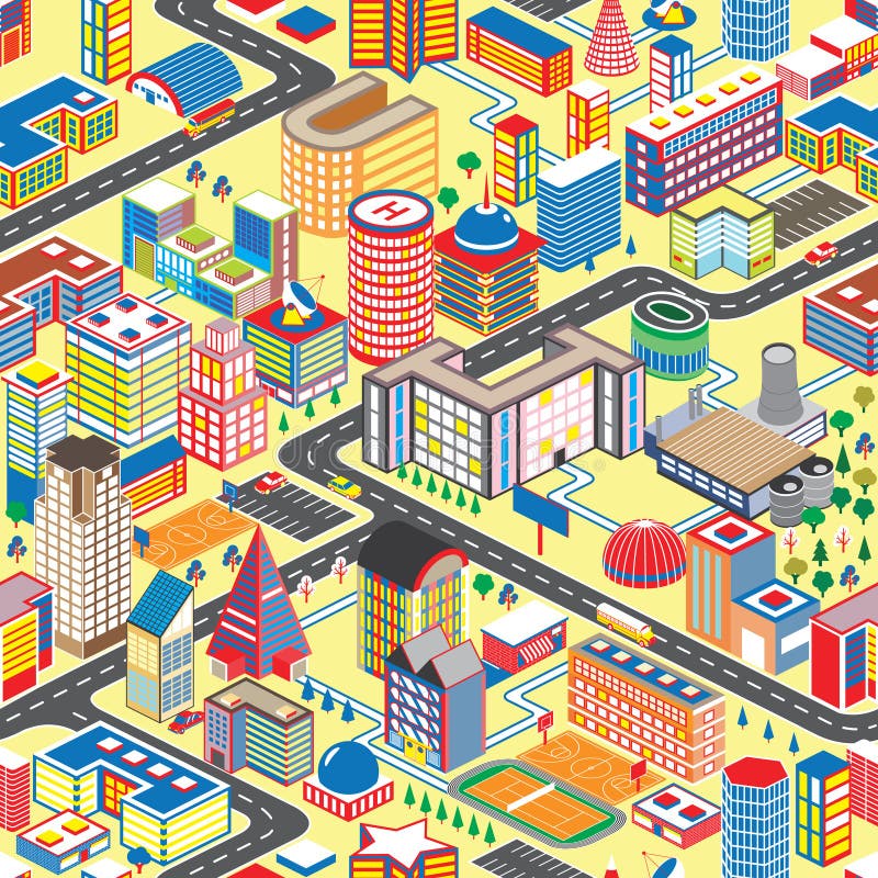 Colorful Isometric City Seamless Pattern. Vector Illustration Cartoon ...