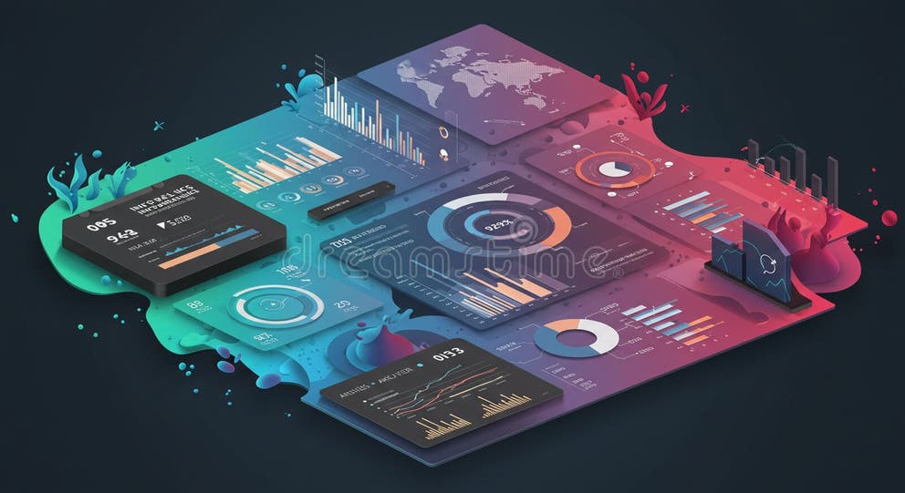 Colorful Isometric Dashboard with Multiple Charts and Graphs ...
