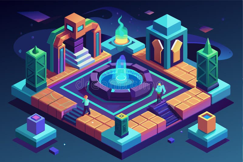 A Colorful Isometric Design Features a Teleportation Hub with Pathways ...