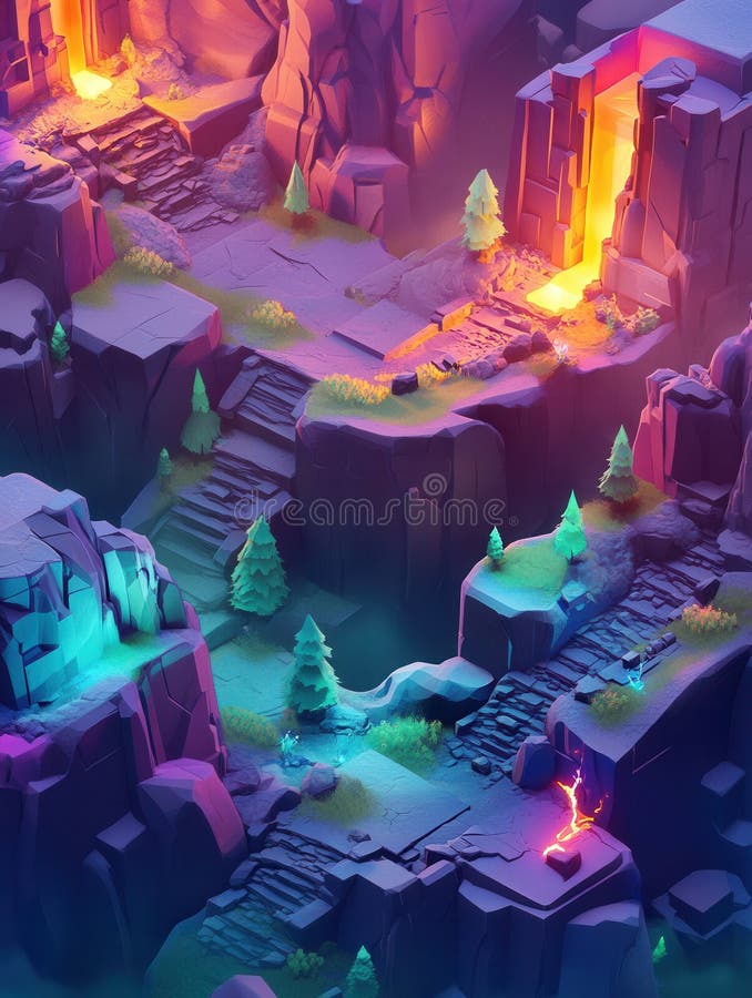 Colorful Isometric Gaming Terrain Featuring Dynamic Lighting and 3D UI ...
