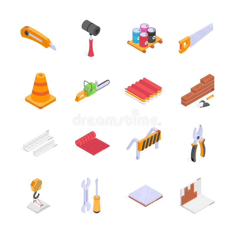 Colorful Isometric Illustration of Construction Tools and Materials ...