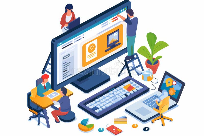 Colorful Isometric Illustration of a Digital Workspace with Designers ...