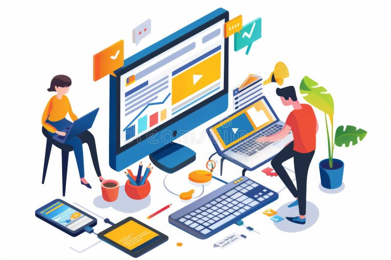 Colorful Isometric Illustration of a Digital Workspace with Designers ...