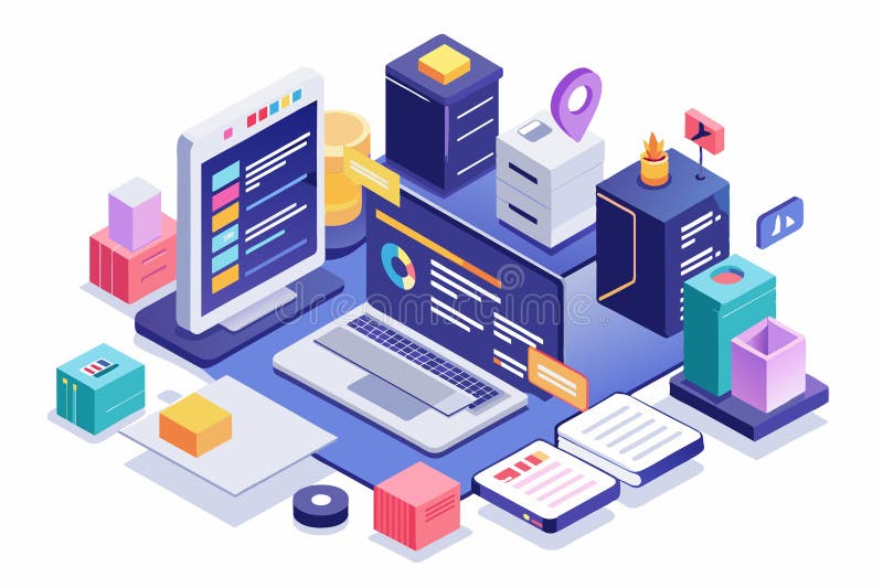 A Colorful Isometric Illustration Features a Laptop Displaying Code ... A Colorful Isometric Illustration Features a Laptop Displaying Code ...
