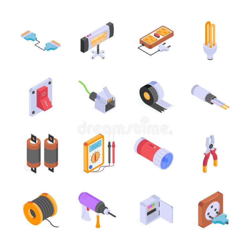 Colorful Isometric Illustration of Various Electrical and Construction ...
