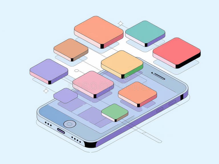 Colorful Isometric Smartphone with Floating App Icon Grid on Light Blue ...