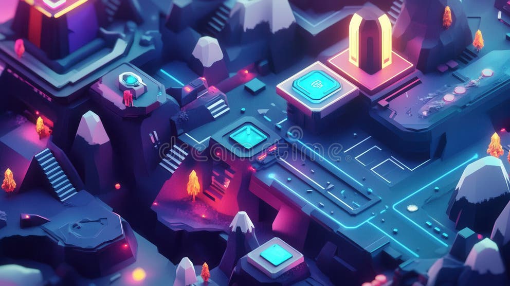Colorful Isometric Terrain with Stylized 3D UI Elements and Dynamic ...