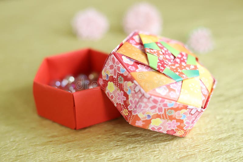 Colorful Japanese Patterned Hexagonal Origami Box with Lid Stock Image ...