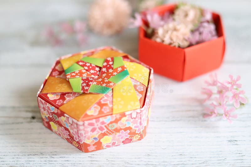 Colorful Japanese Patterned Hexagonal Origami Box with Lid Stock Image ...