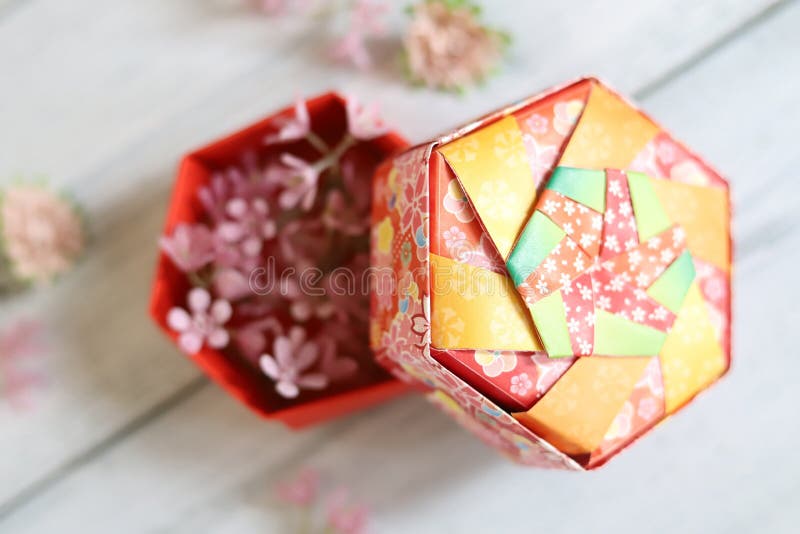 Colorful Japanese Patterned Hexagonal Origami Box with Lid Stock Image ...