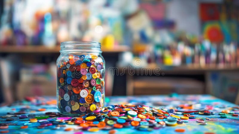 A Colorful Jar Filled with Vibrant Buttons Sits on a Creative Workspace ...