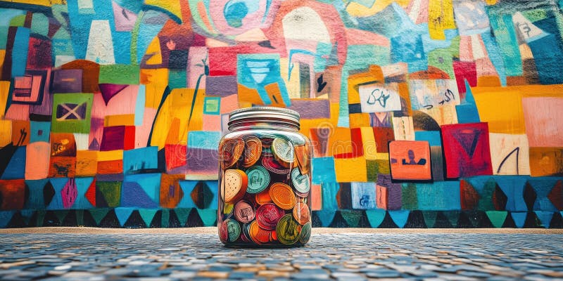 Colorful Jar Filled with Vibrant Lids Against a Bright Mural Background ...