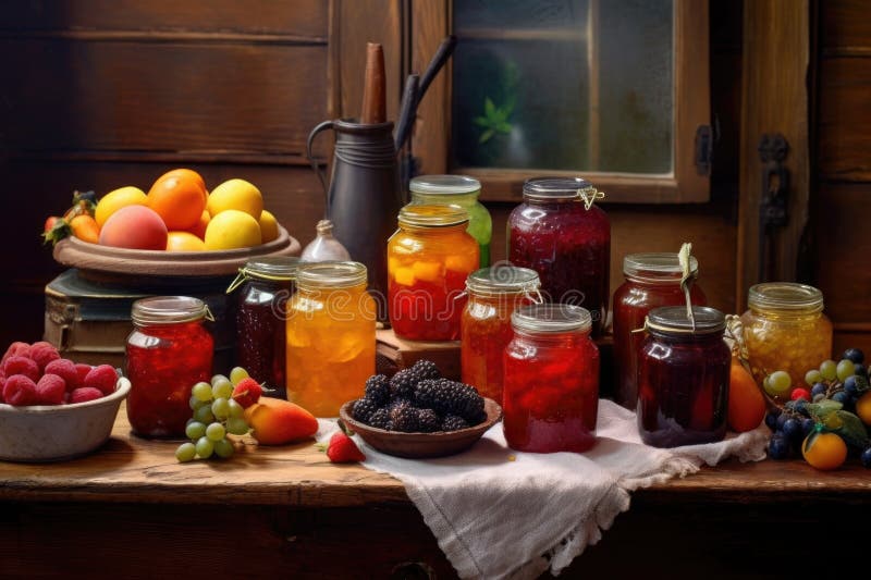 Colorful Jars of Assorted Fruit Preserves on Rustic Table Stock Image ...