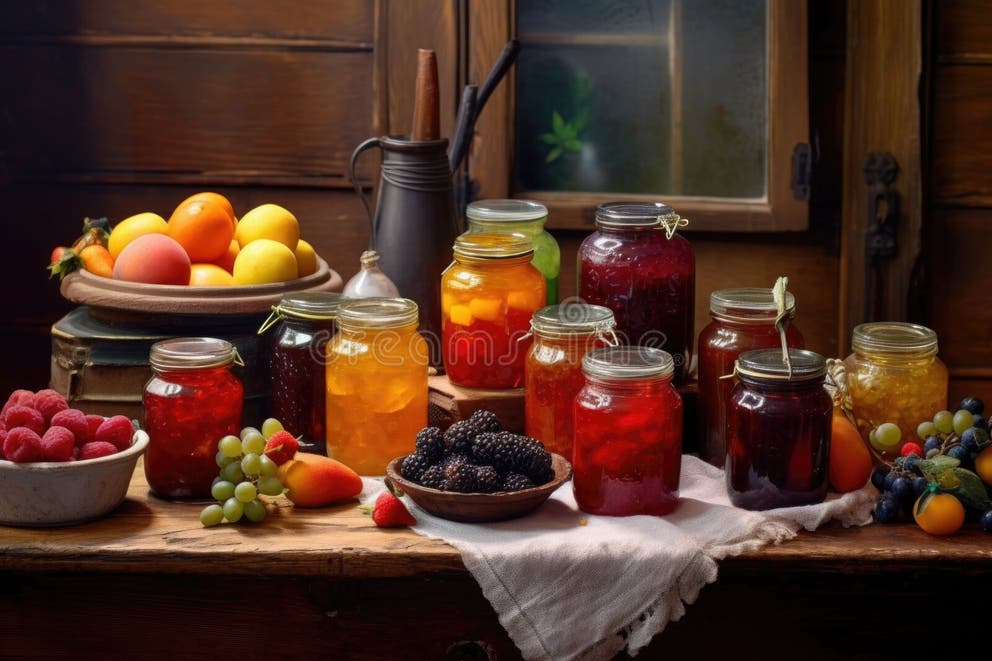 Colorful Jars of Assorted Fruit Preserves on Rustic Table Stock Image ...