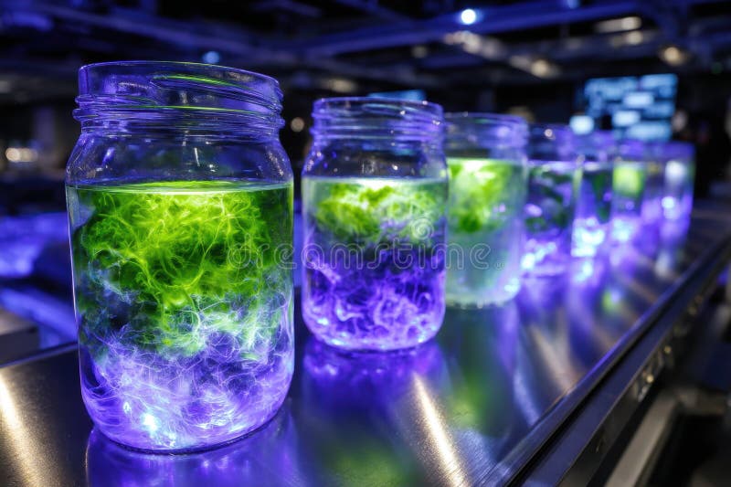 Colorful Jars Filled with Glowing Liquid Display at a Science Exhibit ...