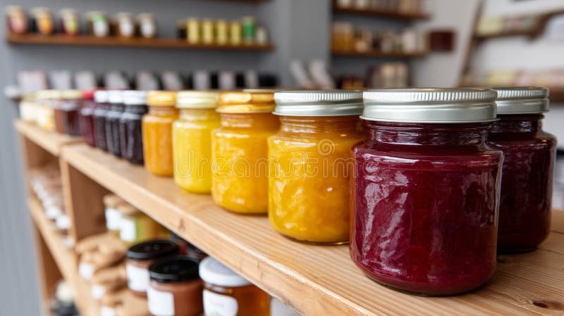 Colorful Jars Jam Neatly Displayed Wooden Shelves Stock Photos - Free ...