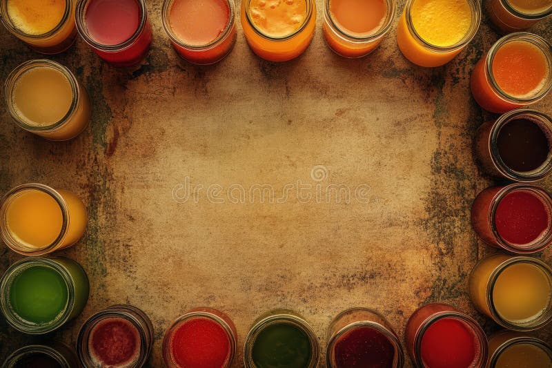 Colorful Jars of Juice Form a Border on Rustic Background Stock Photo ...